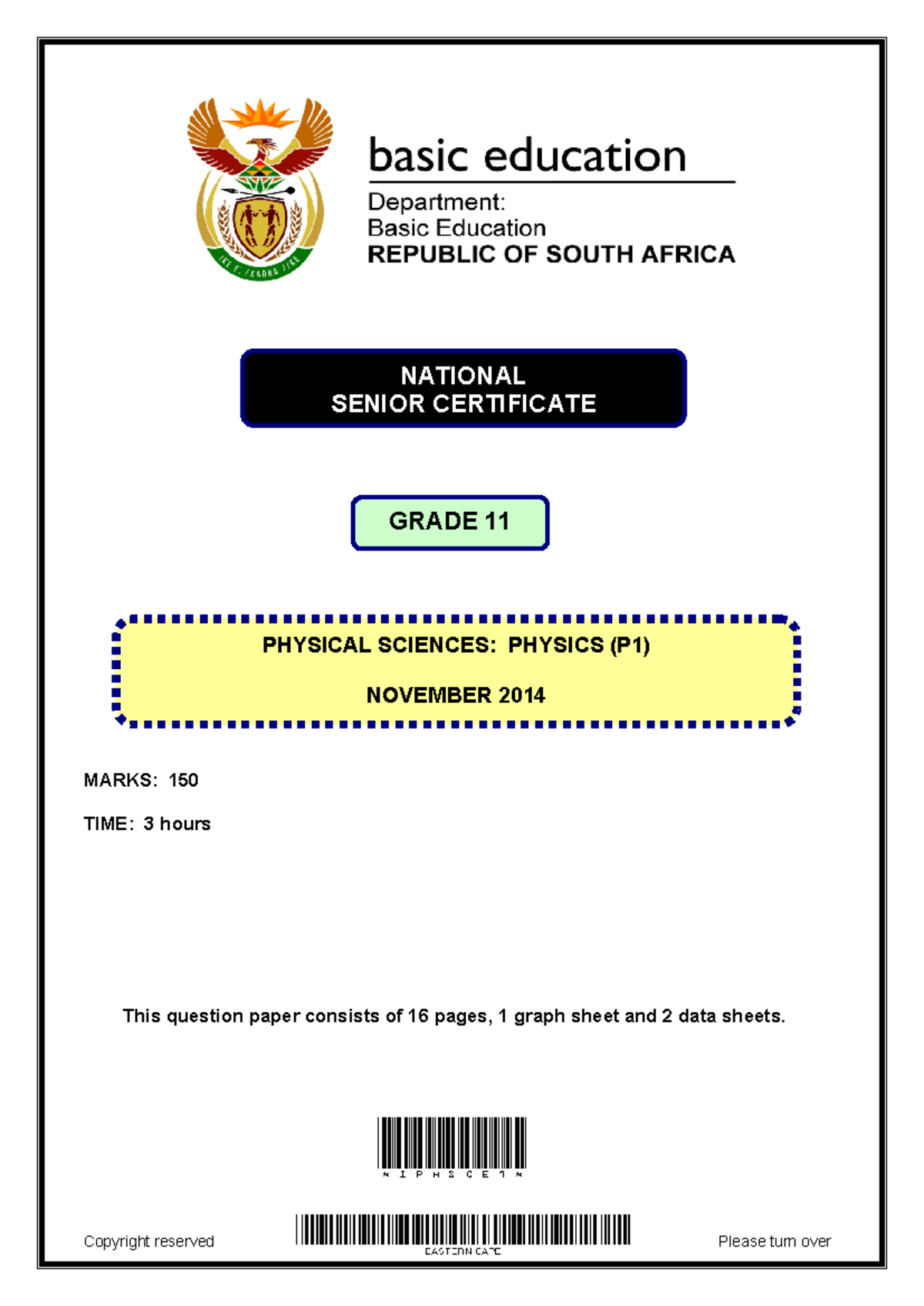 Physical sciences p1 grade 11 2014 common paper eng - MARKS: 150 TIME ...
