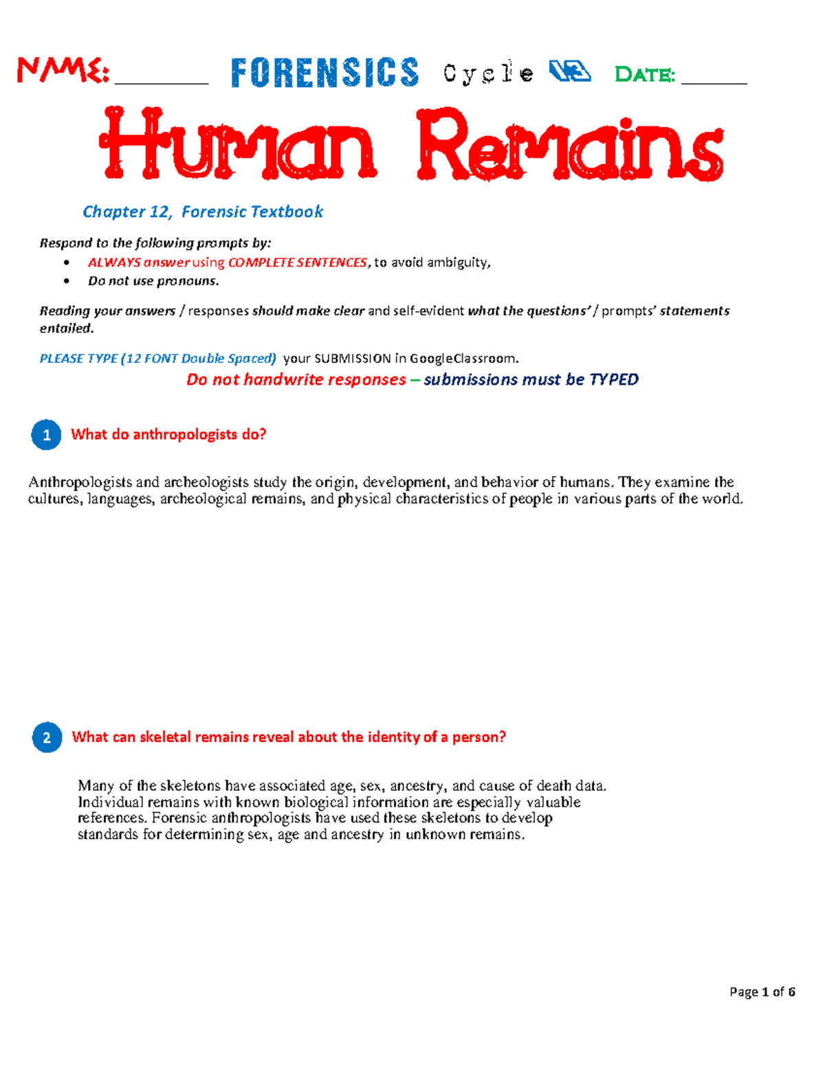 23 03 07 Chpt 12 Human Remains - Name: __________ F o r e n s i c s ...