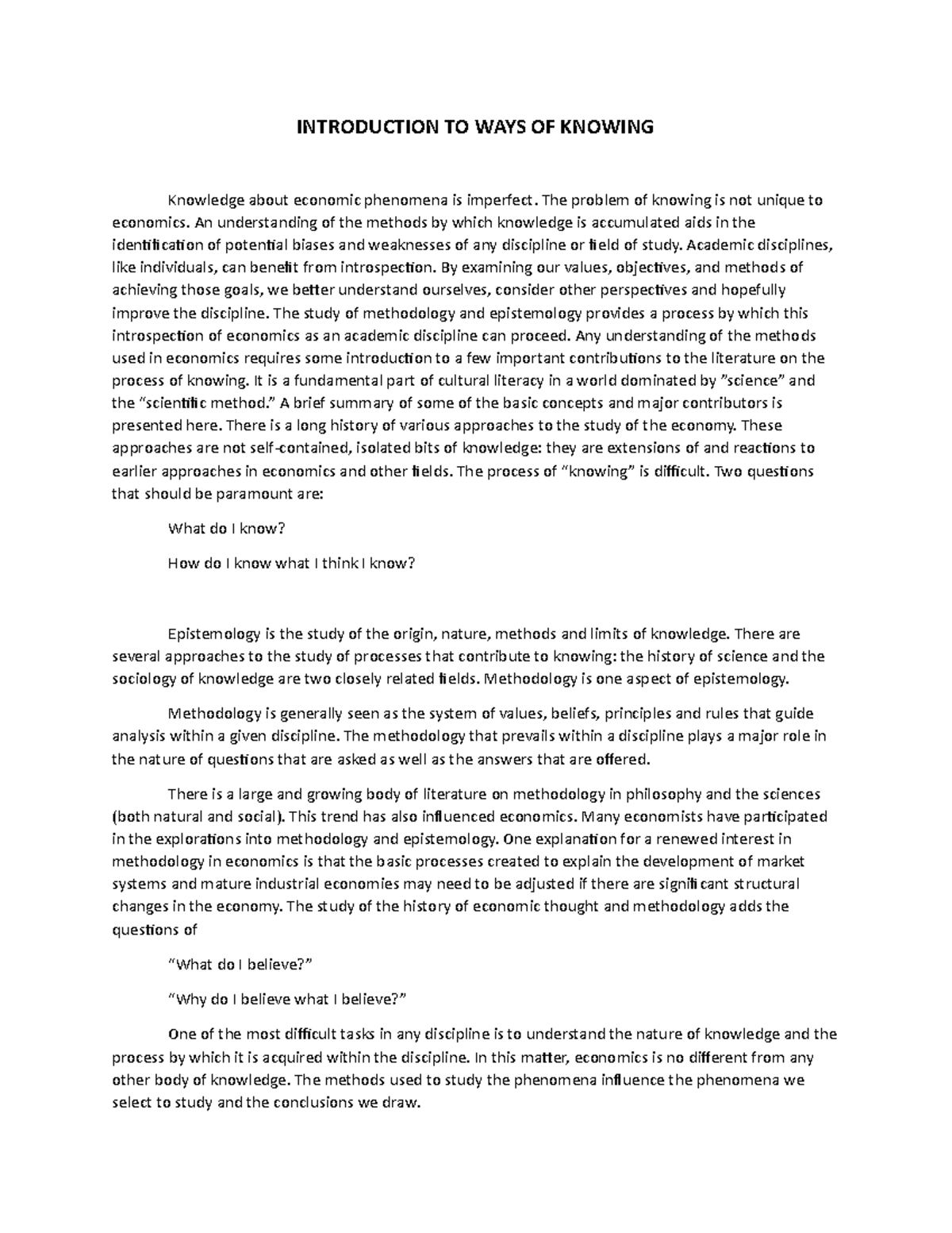 Introduction TO WAYS OF Knowing - INTRODUCTION TO WAYS OF KNOWING ...