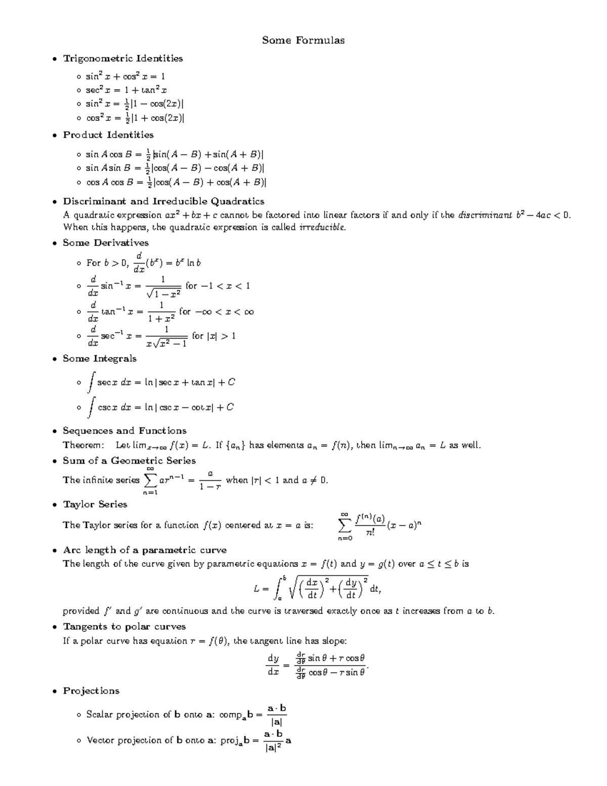 Formulas Some Formulas Trigonometric Identities Sin 2 X Cos 2 X 1
