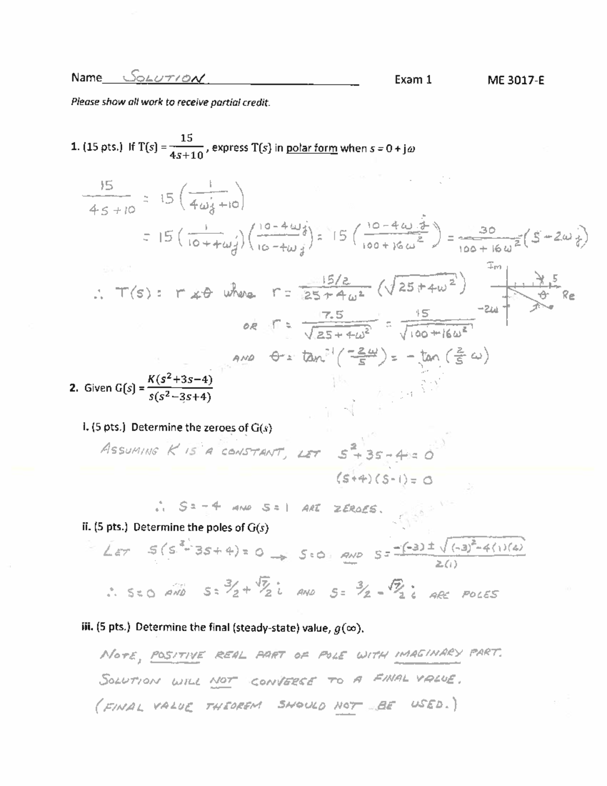 Exam 1 Solutions - Name SoLu 7 OAs Exam 1 ME Piease show all work to receive partial credit. 1 ...