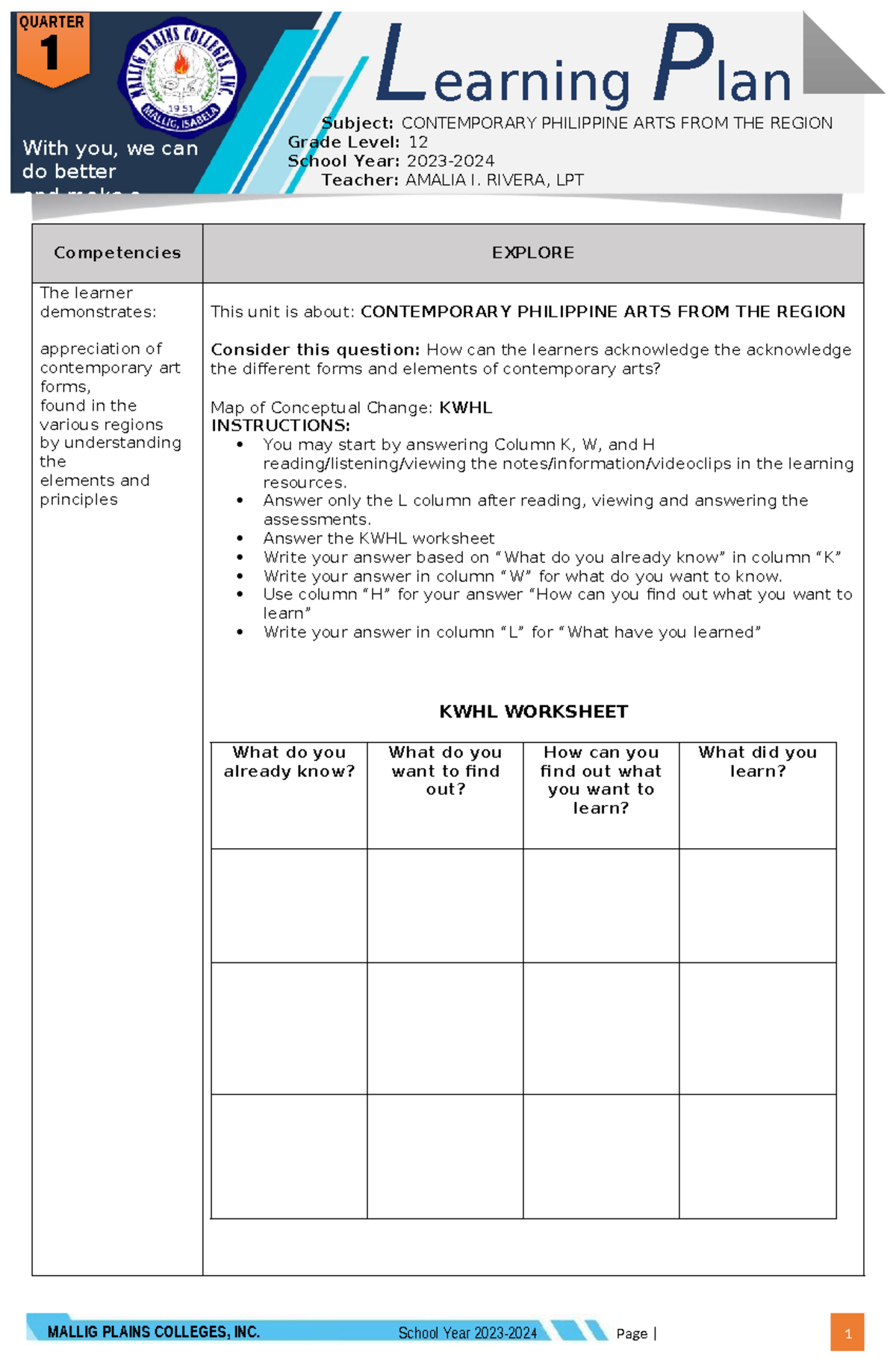 Q1-LP CPAR - EXELLENT - Competencies EXPLORE The learner demonstrates ...