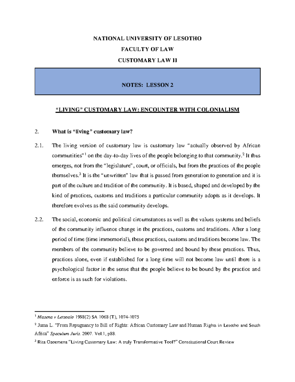 Customary LAWW II Notes Lesson colonial impact - NATIONAL UNIVERSITY OF ...