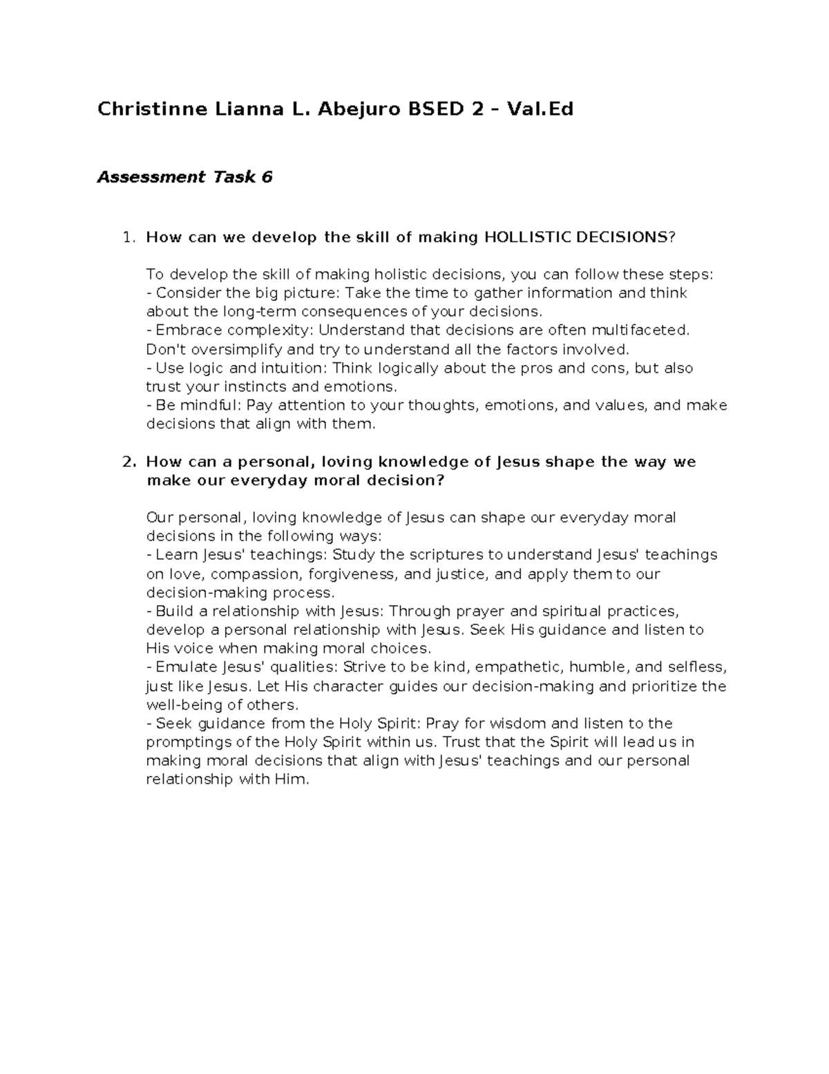 Assessment tas fved 7 semi final - Christinne Lianna L. Abejuro BSED 2 – Val Assessment Task 6 1 ...