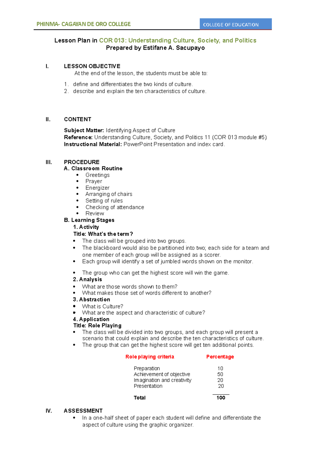 Lesson Plan (demonstration) - PHINMA- CAGAYAN DE ORO COLLEGE COLLEGE OF ...