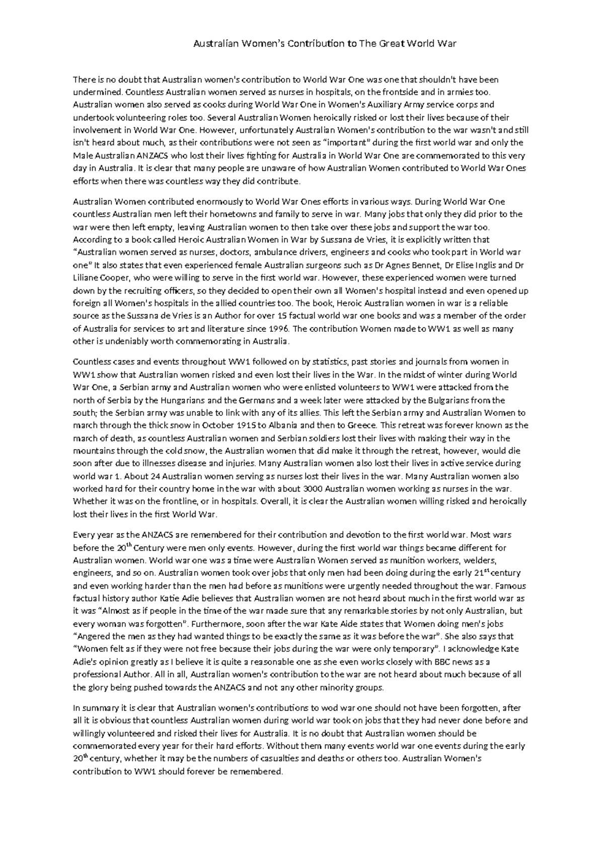 Ww1 essay women - IA3 modern - Australian Women’s Contribution to The ...