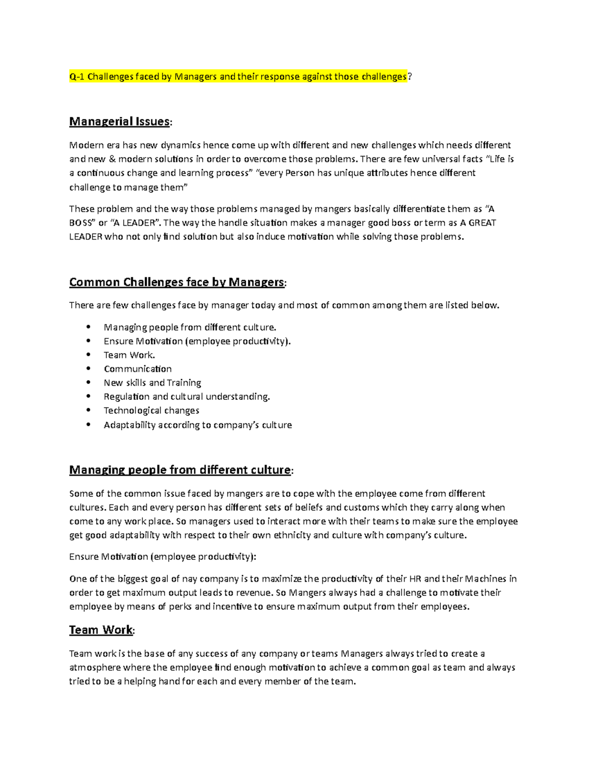 M a 2 - Q-1 Challenges faced by Managers and their response against ...