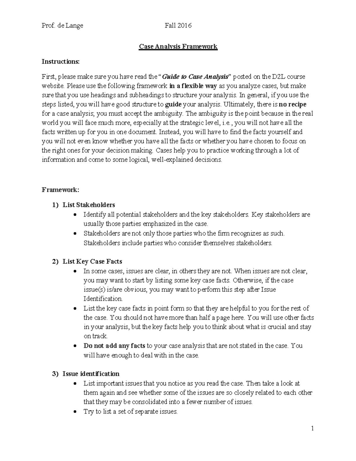Case Analysis Framework - Prof. de Lange Fall 2016 1 Case Analysis ...