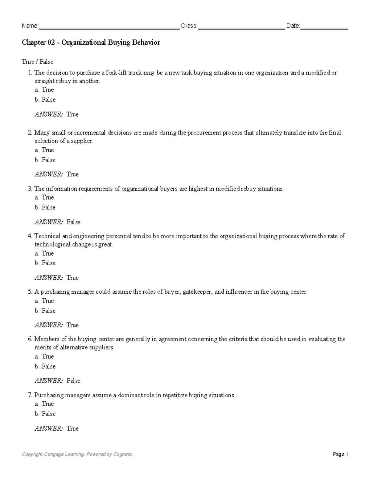 Chapter 02 test bank - Organizational Buying Behavior - True / False ...