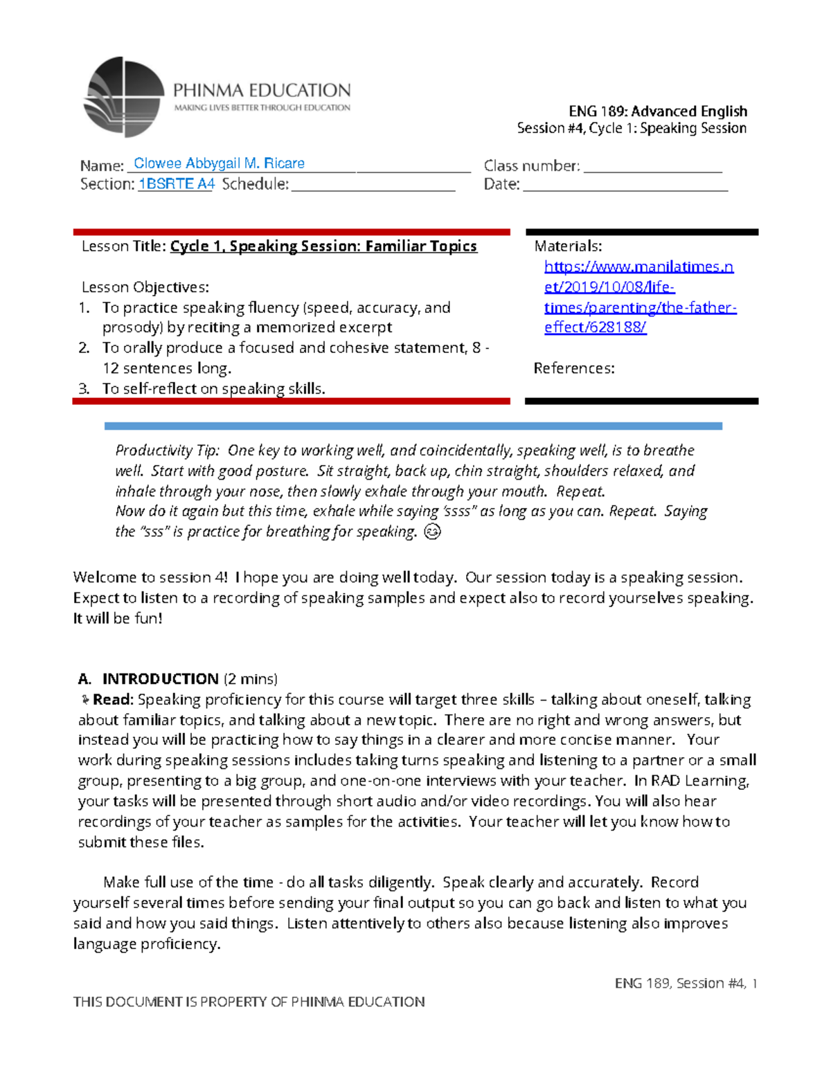 SAS #4 speaking ENG189 swu - ENG 189, Session #4, 1 Lesson Title: Cycle ...