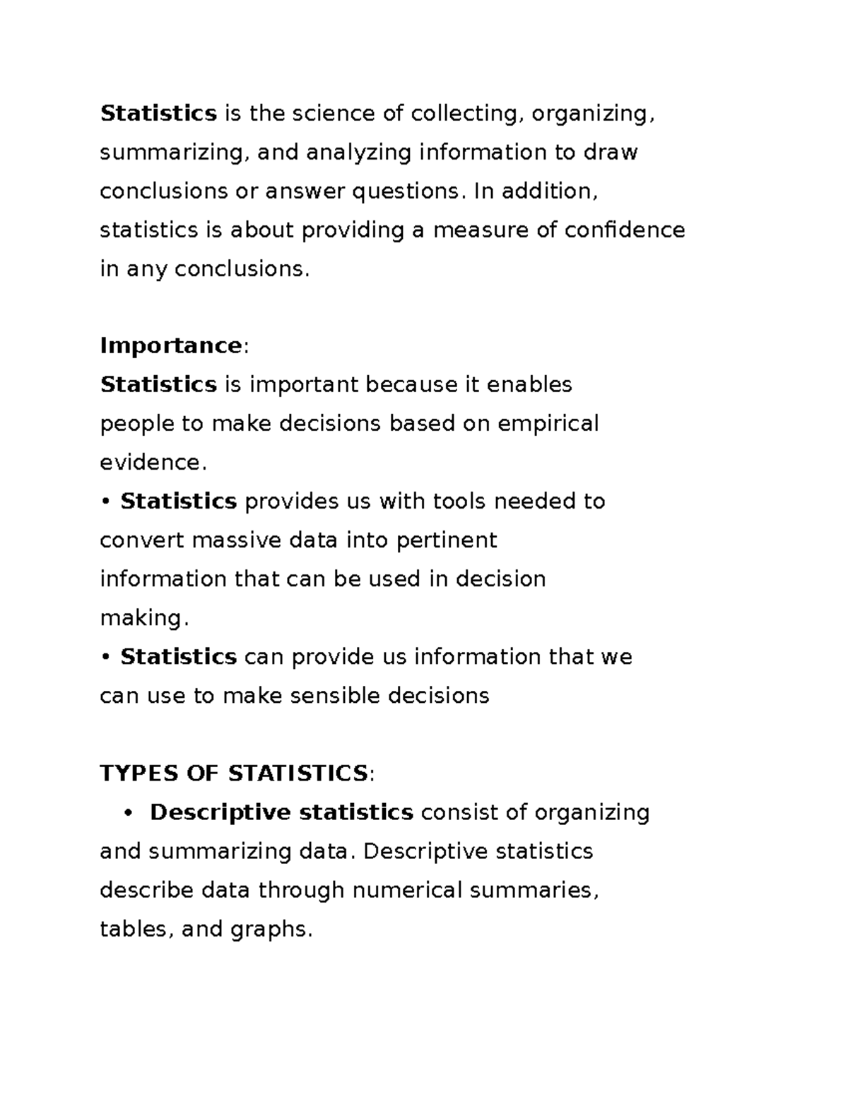 Statistics notes - Statistics is the science of collecting, organizing ...