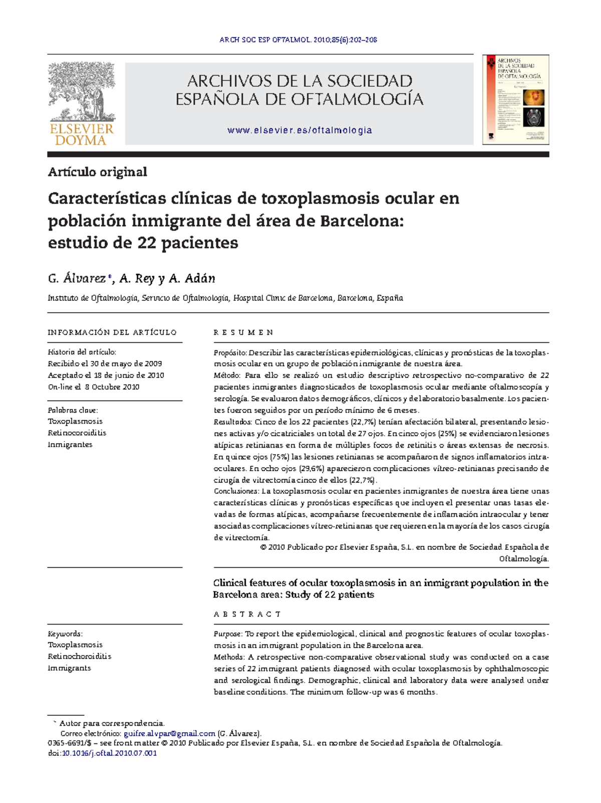 Características clínicas de toxoplasmosis ocular en - ARCHIVOS DE LA SOCIEDAD ESPAÑOLA DE - Studocu