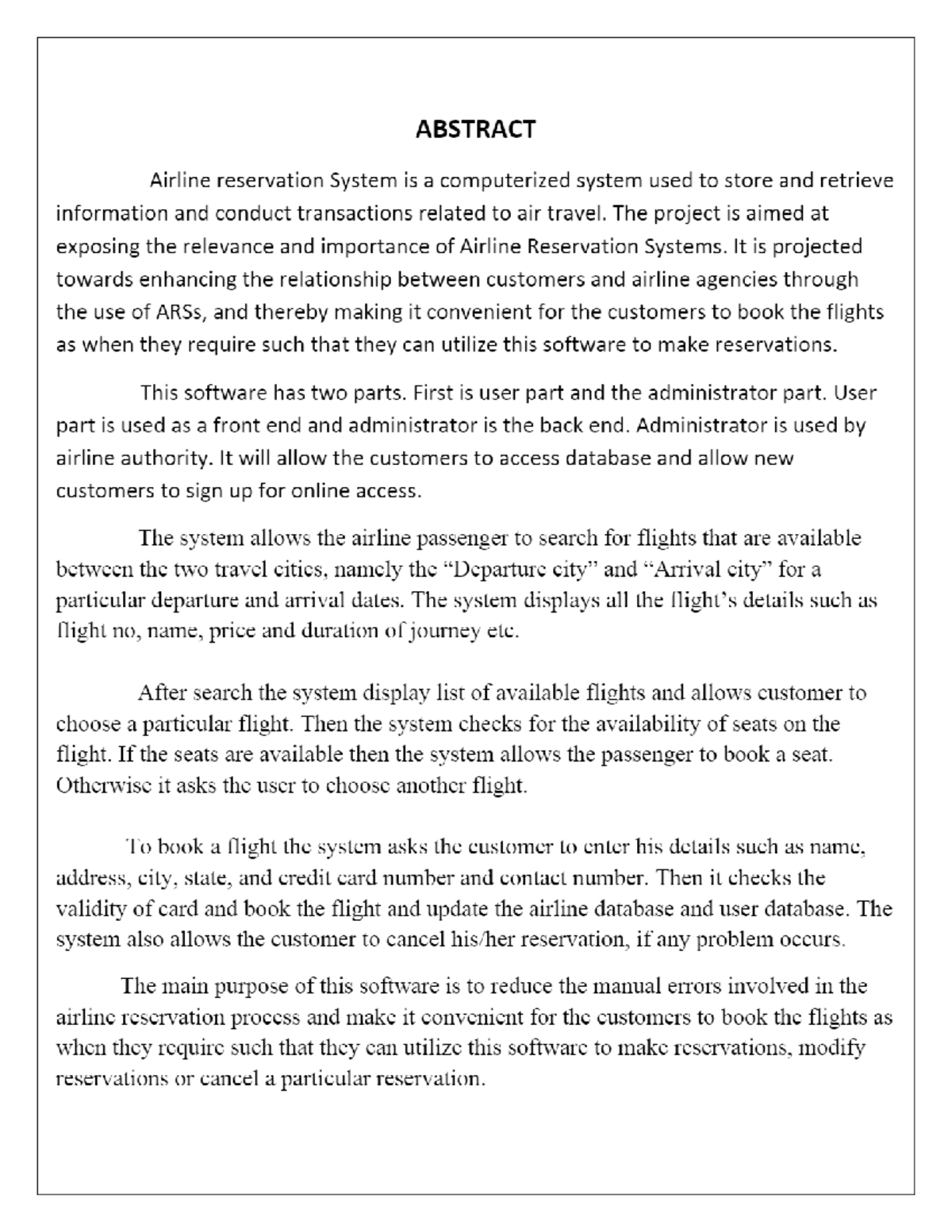 Abstract for Airline Reservation System - 101 - Studocu