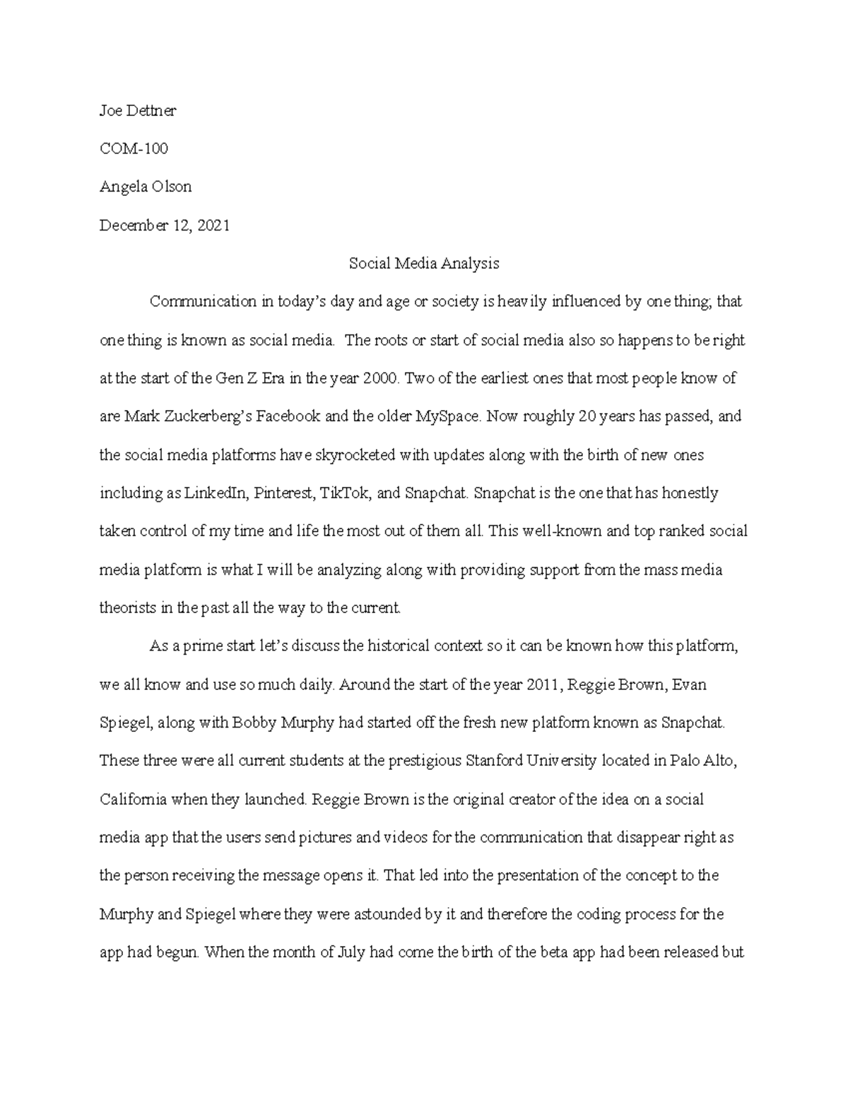 Social Media Analysis - Joe Dettner COM- Angela Olson December 12, 2021 ...