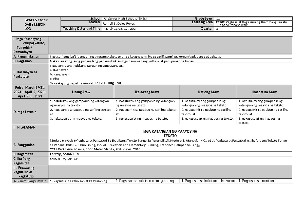 Week 6 COR8 DLL - pagbasa at pagsusuri - GRADES 1 to 12 DAILY LESSON ...