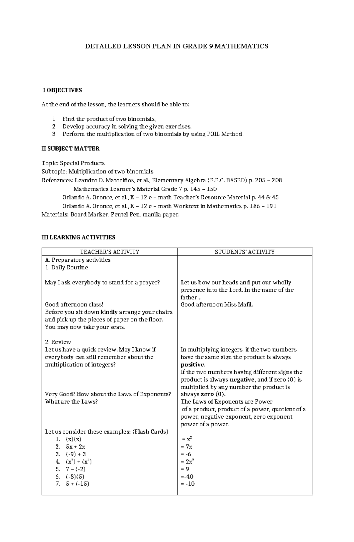 Lesson PLAN FOR Demonstration - DETAILED LESSON PLAN IN GRADE 9 ...