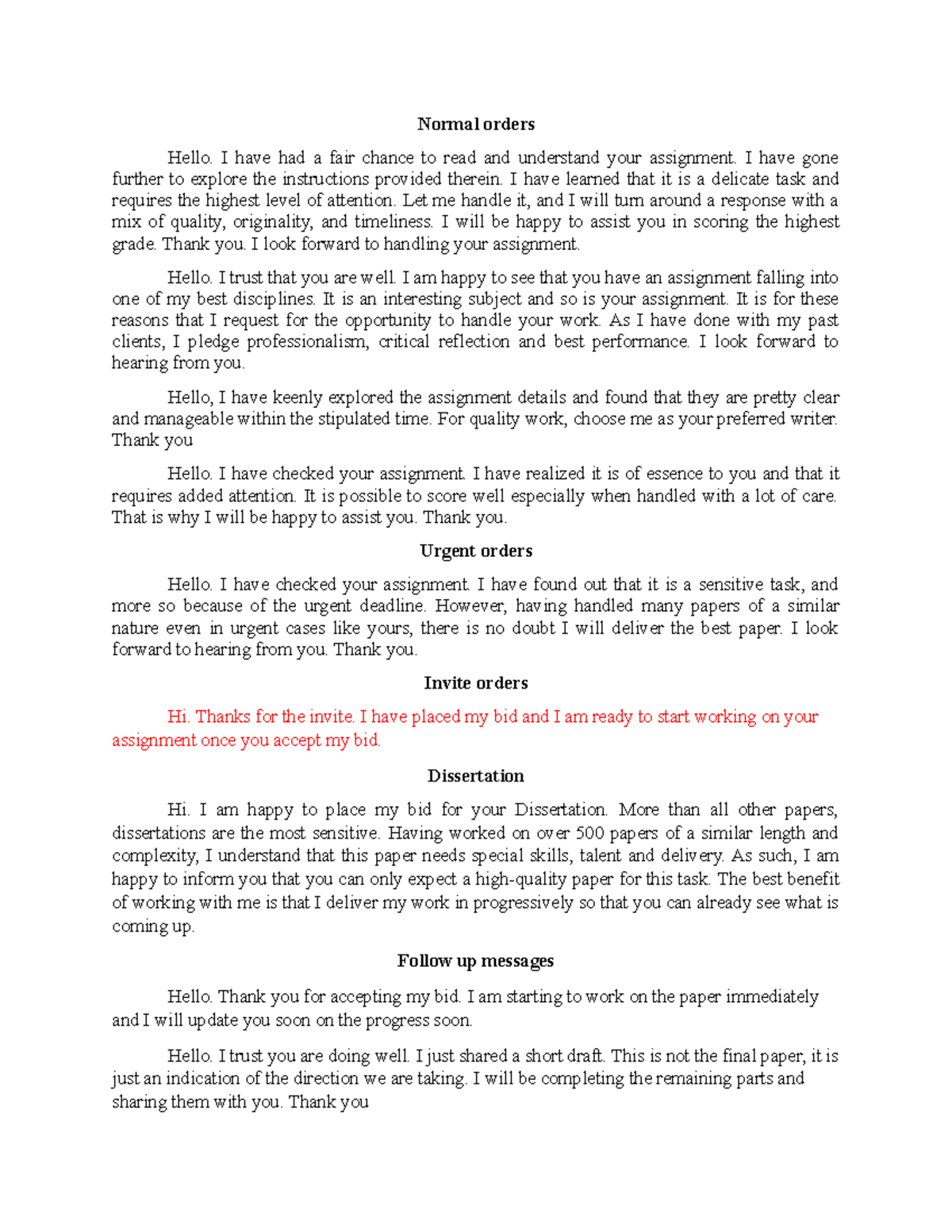 Bidding and Client texts - Normal orders Hello. I have had a fair ...