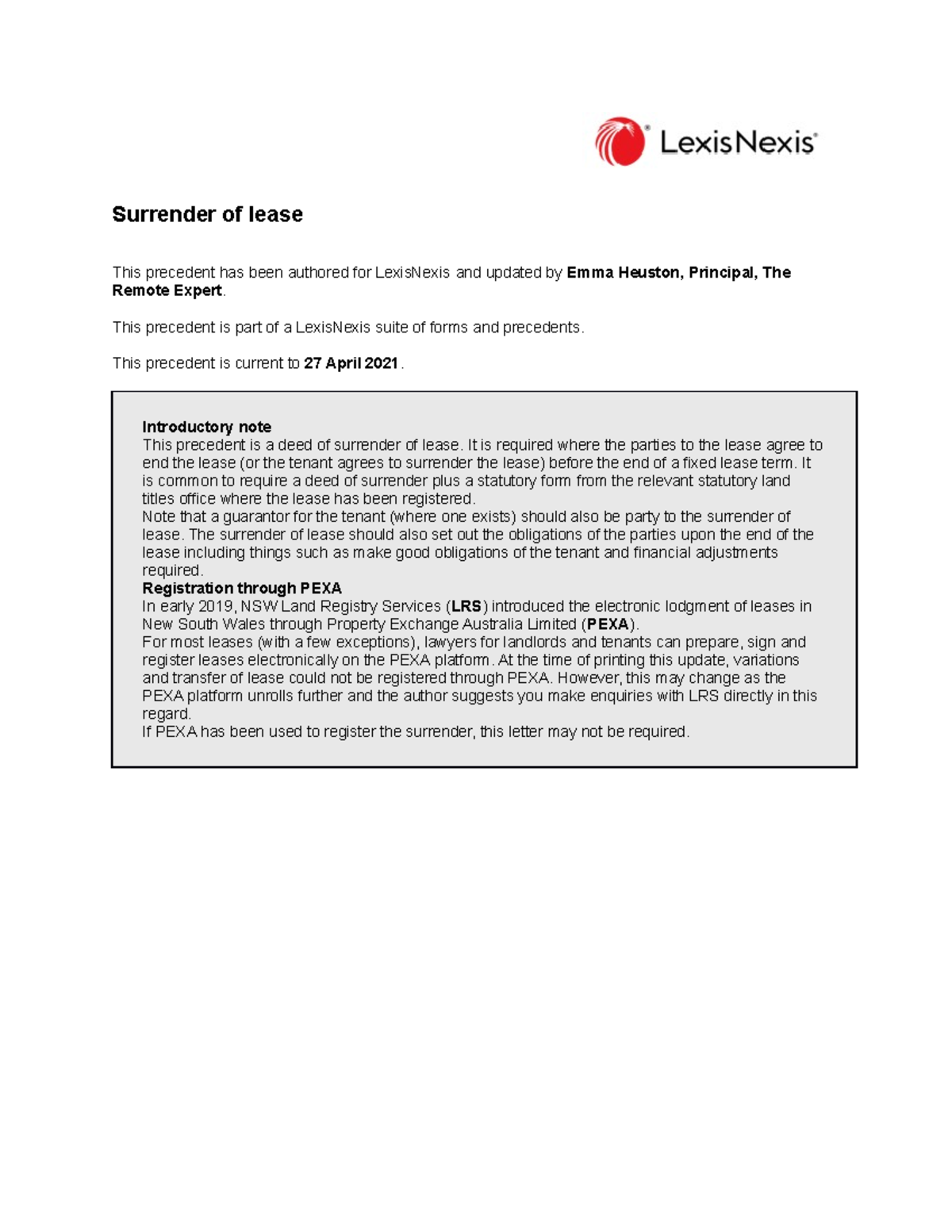 Surrender of Lease Precedent - Studocu