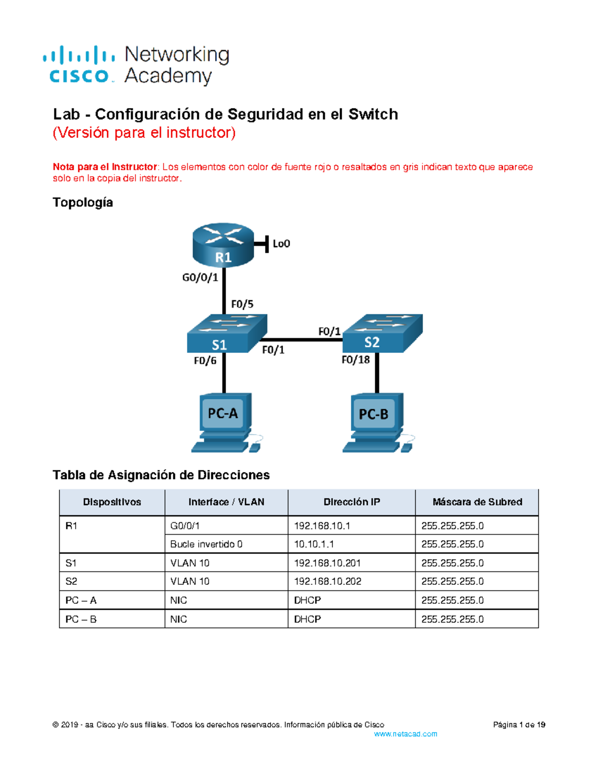 11.6.2 Lab - Switch Security Configuration - ILM - © 2019 - aa Cisco y/o sus filiales. Todos los ...