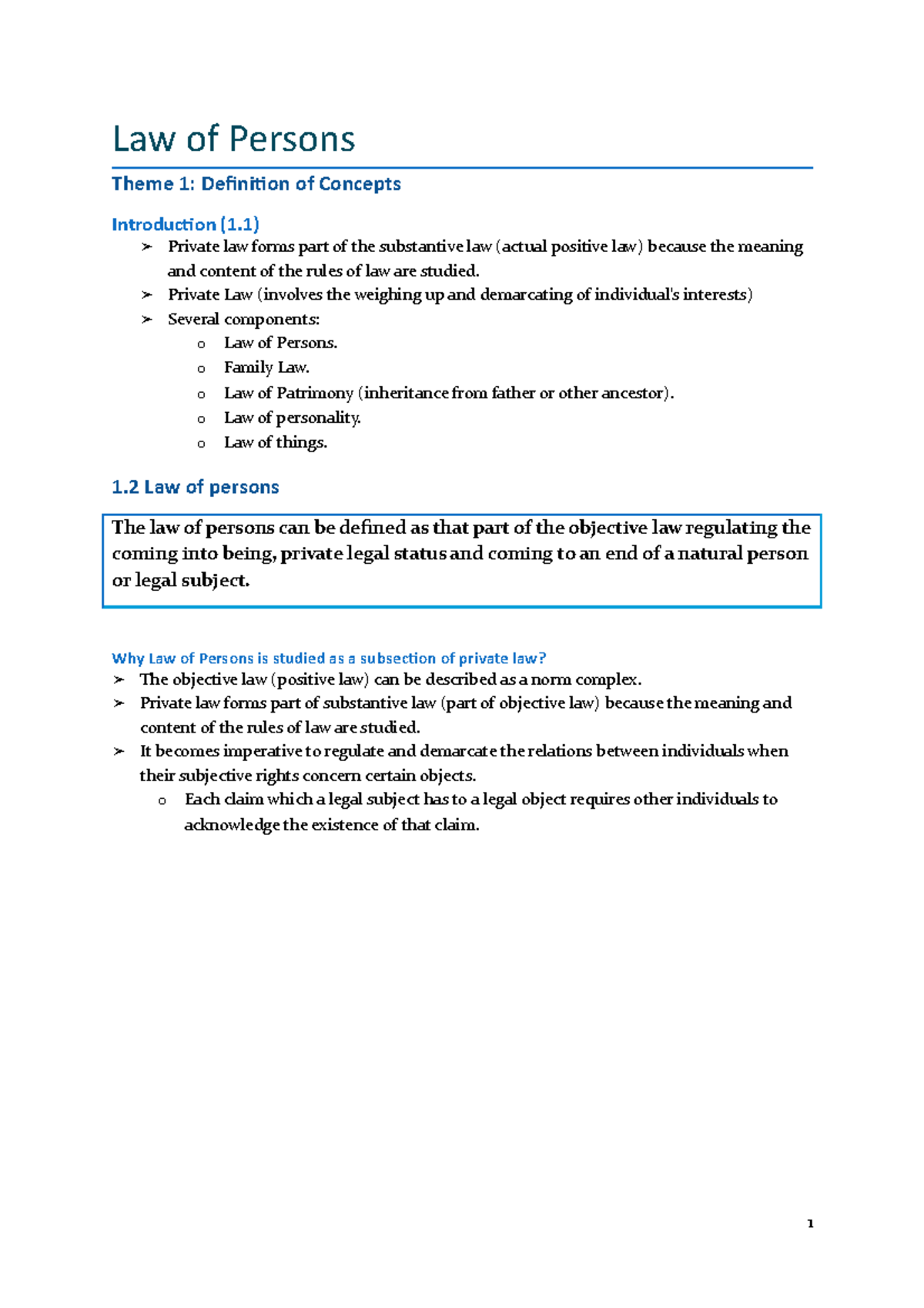 Law of Persons - Law of Persons Theme 1: Definition of Concepts ...