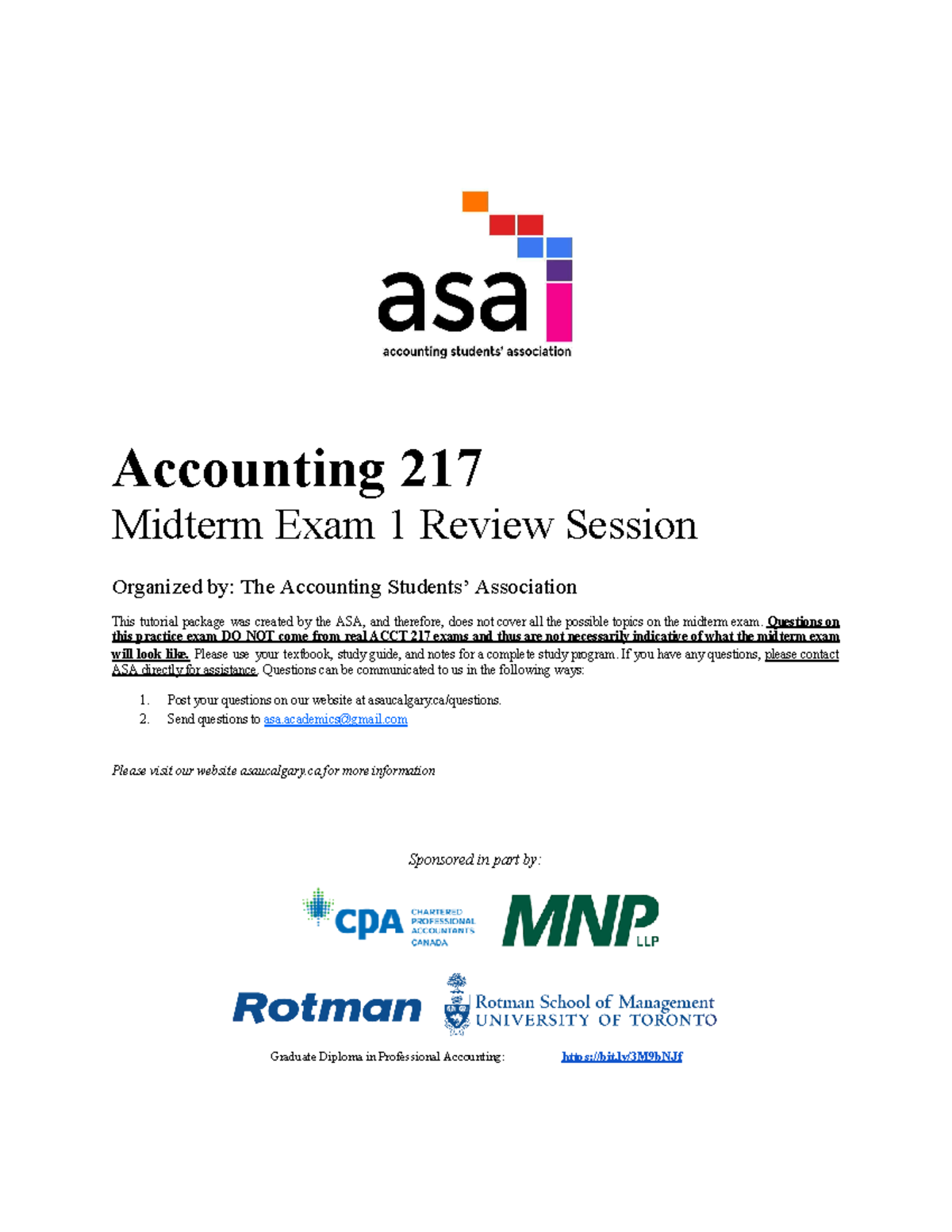 S2023 - Review Session - ASA - Accounting 217 Midterm Exam 1 Review ...