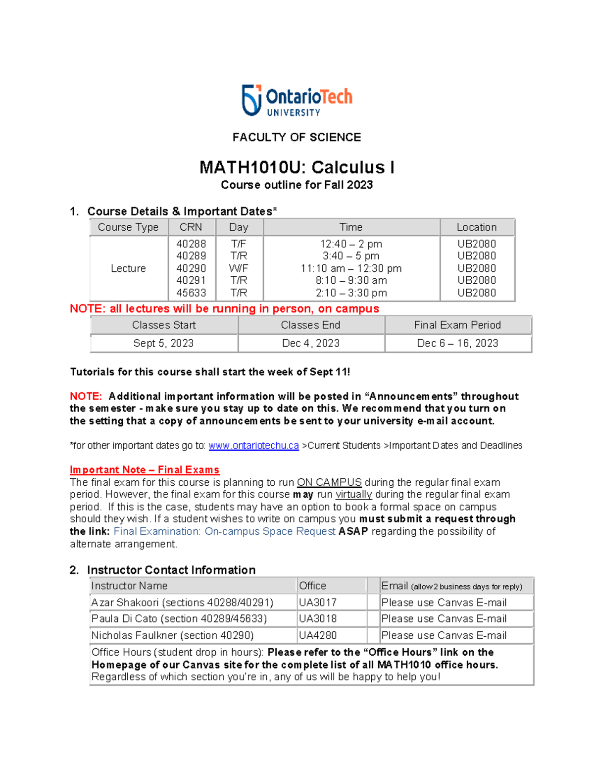 MATH1010U Syllabus - FACULTY OF SCIENCE MATH1010U: Calculus I Course ...