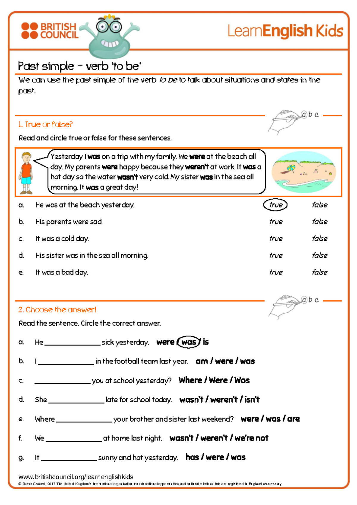 Grammar practice past simple verb to be worksheet - britishcouncil ...
