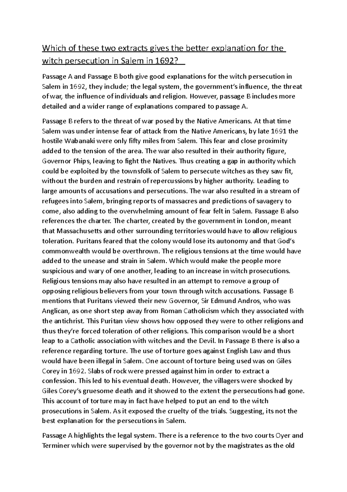 Explanation for Witch Persecution in Salem in 1692 - Studocu