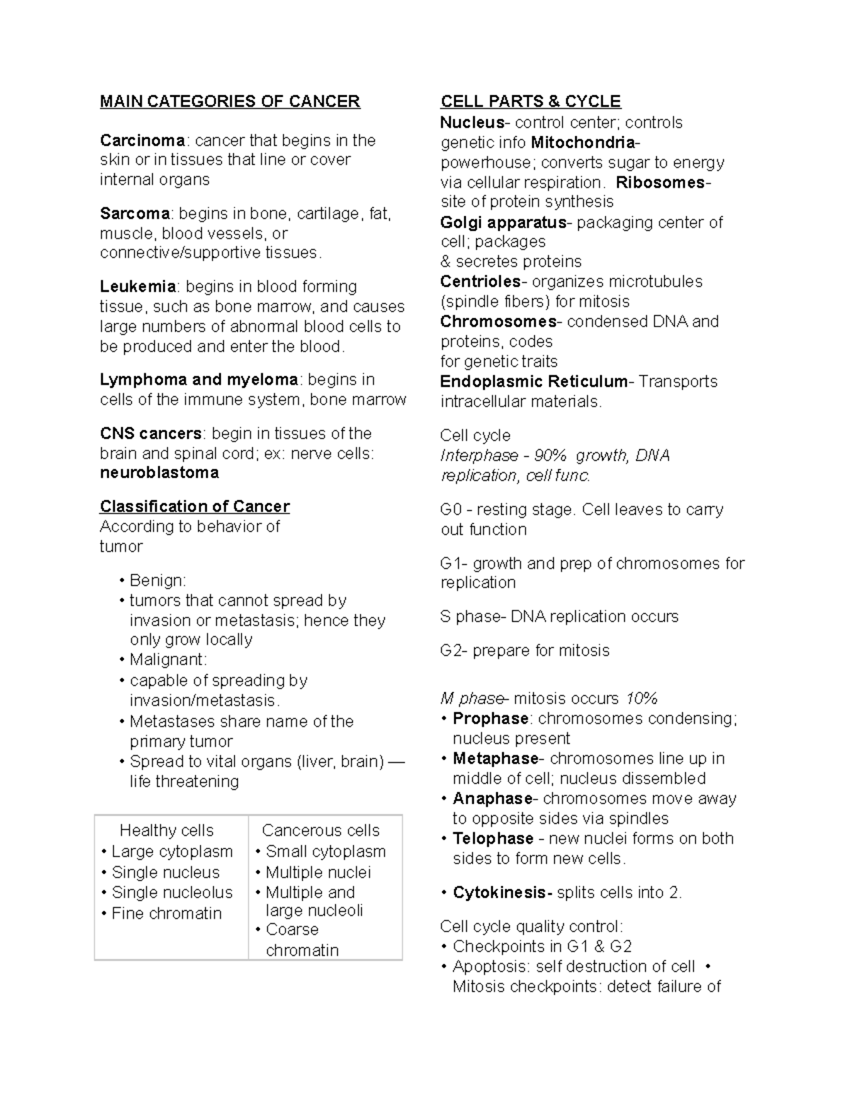 Cellular Aberrations Notes -2 - MAIN CATEGORIES OF CANCER Carcinoma ...
