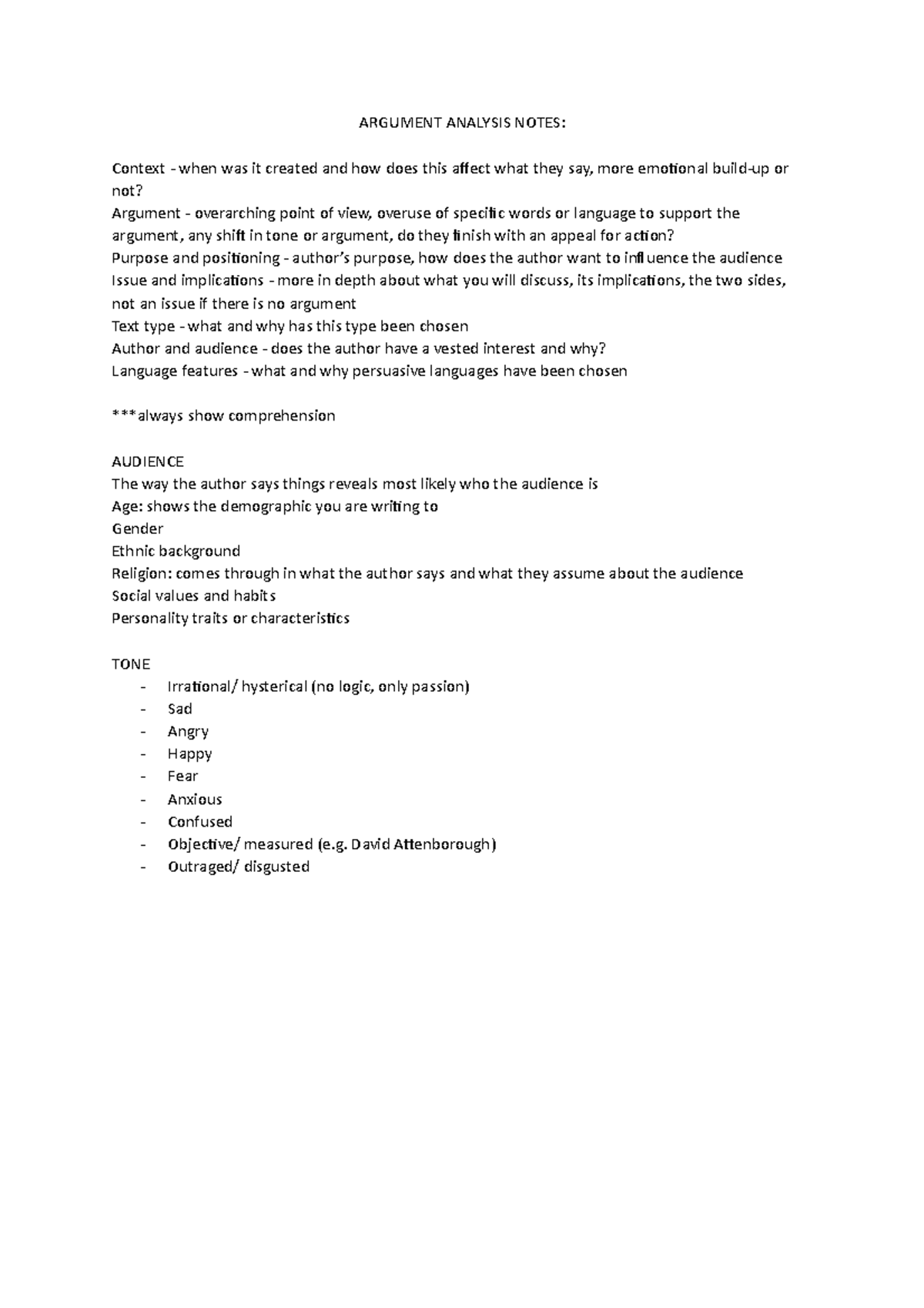 Argument Analysis Notes - ARGUMENT ANALYSIS NOTES: Context - when was ...