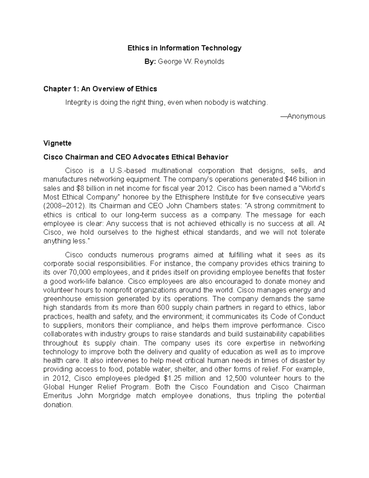 Vignette Chapter 1 An Overview of Ethics - Ethics in Information ...