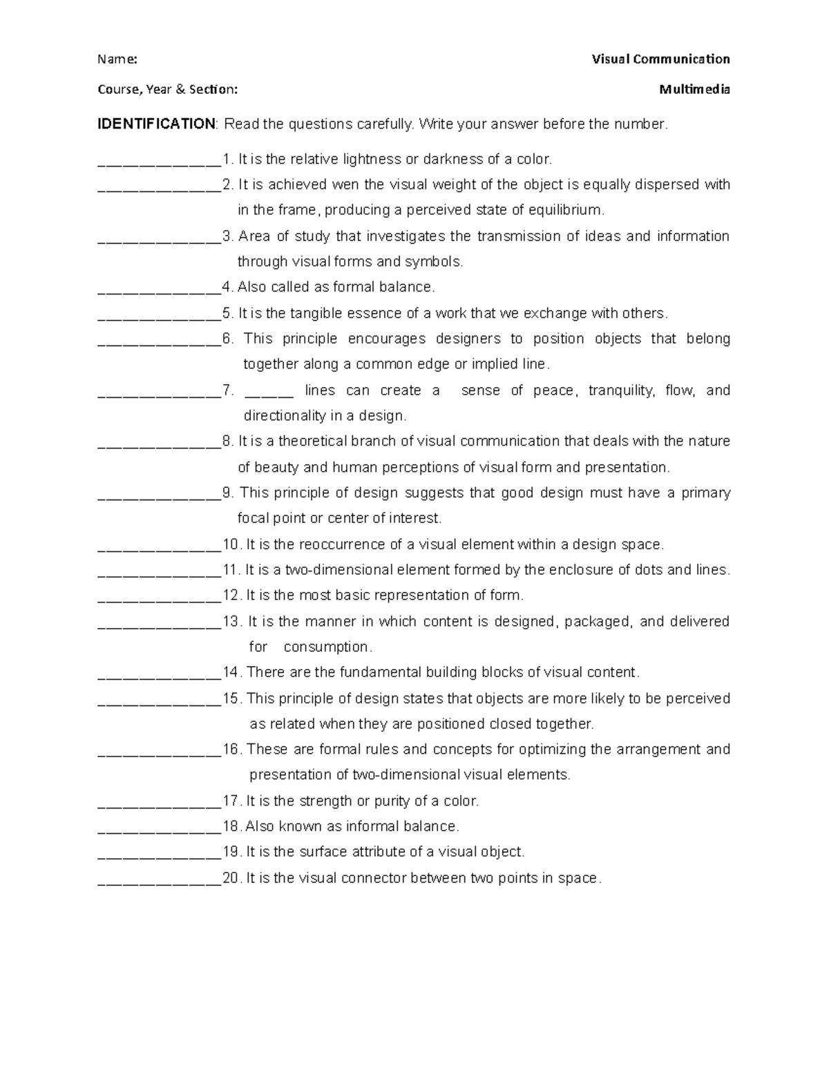 Visual Communication Assessment - Name: Visual Communication Course ...