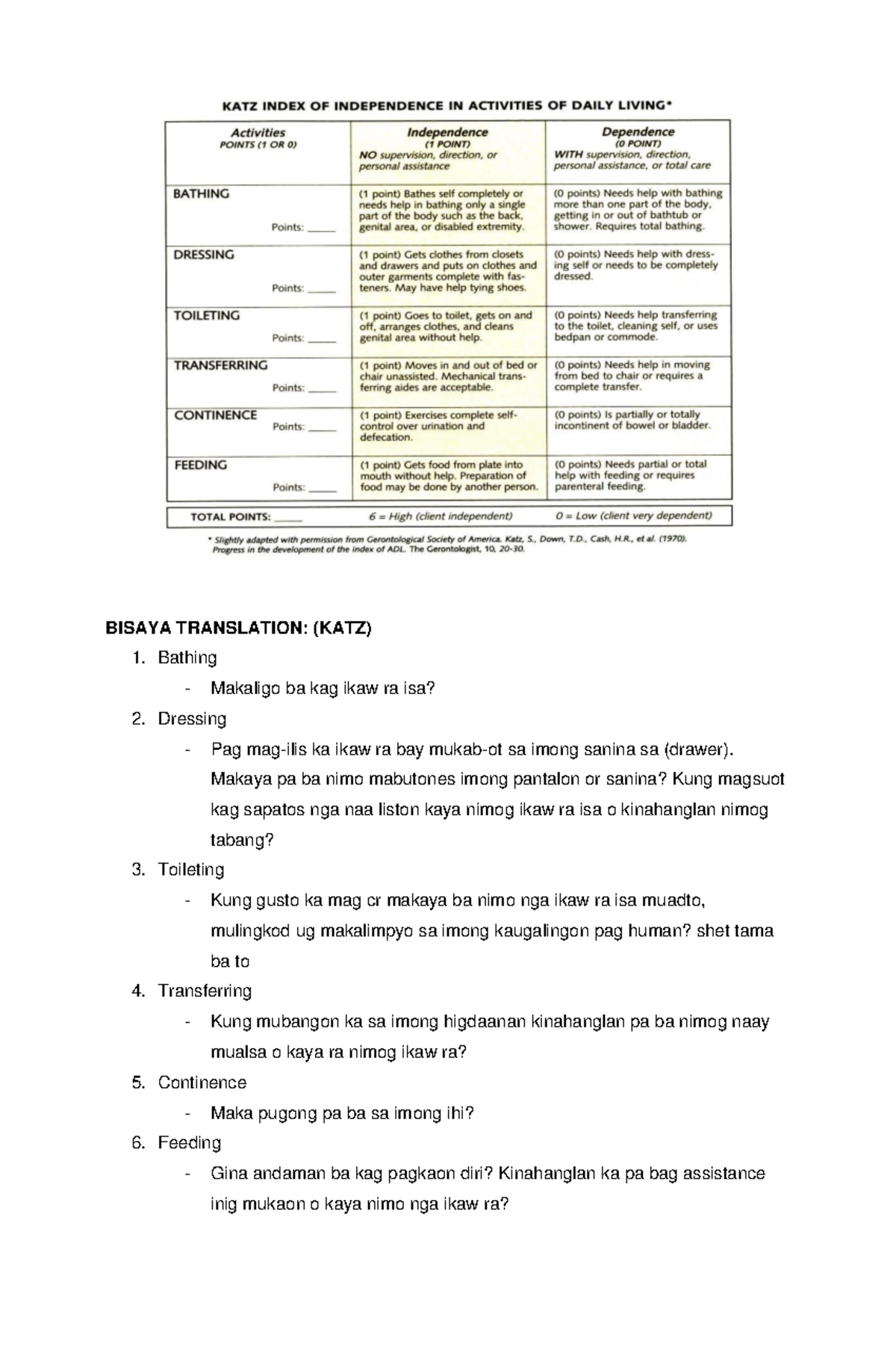 Functional Assessment Questionnaire Bisaya VERS - BISAYA TRANSLATION: (KATZ) 1. Bathing ...