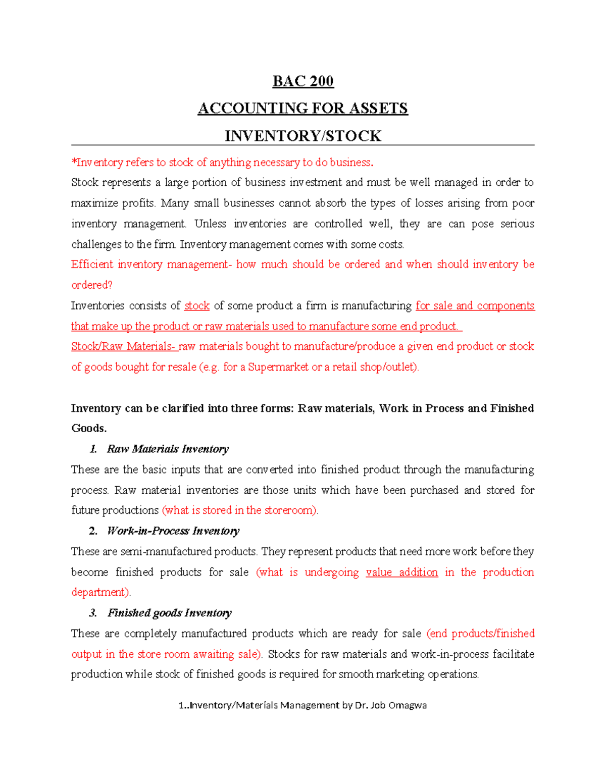 BAC 200- Accounting FOR Stock OR Inventory Lecture - BAC 200 ACCOUNTING ...