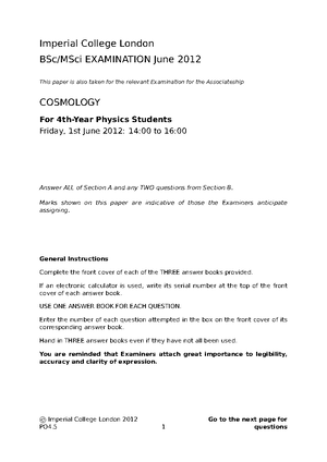 Ex Sheet 2solutions - Example sheet 2 Answers Cosmology and Particle Physics Toby Wiseman ...