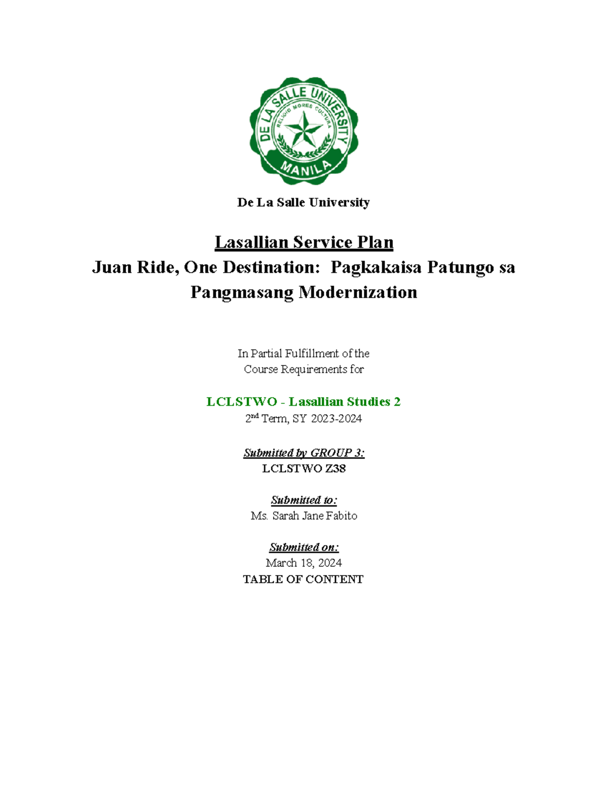 LCLSTWO - Final Project_Lasallian Service Plan - De La Salle University ...