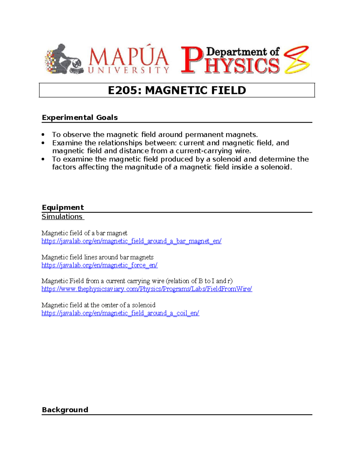 Lab Manual Magnetic Field - E205: MAGNETIC FIELD Experimental Goals To ...