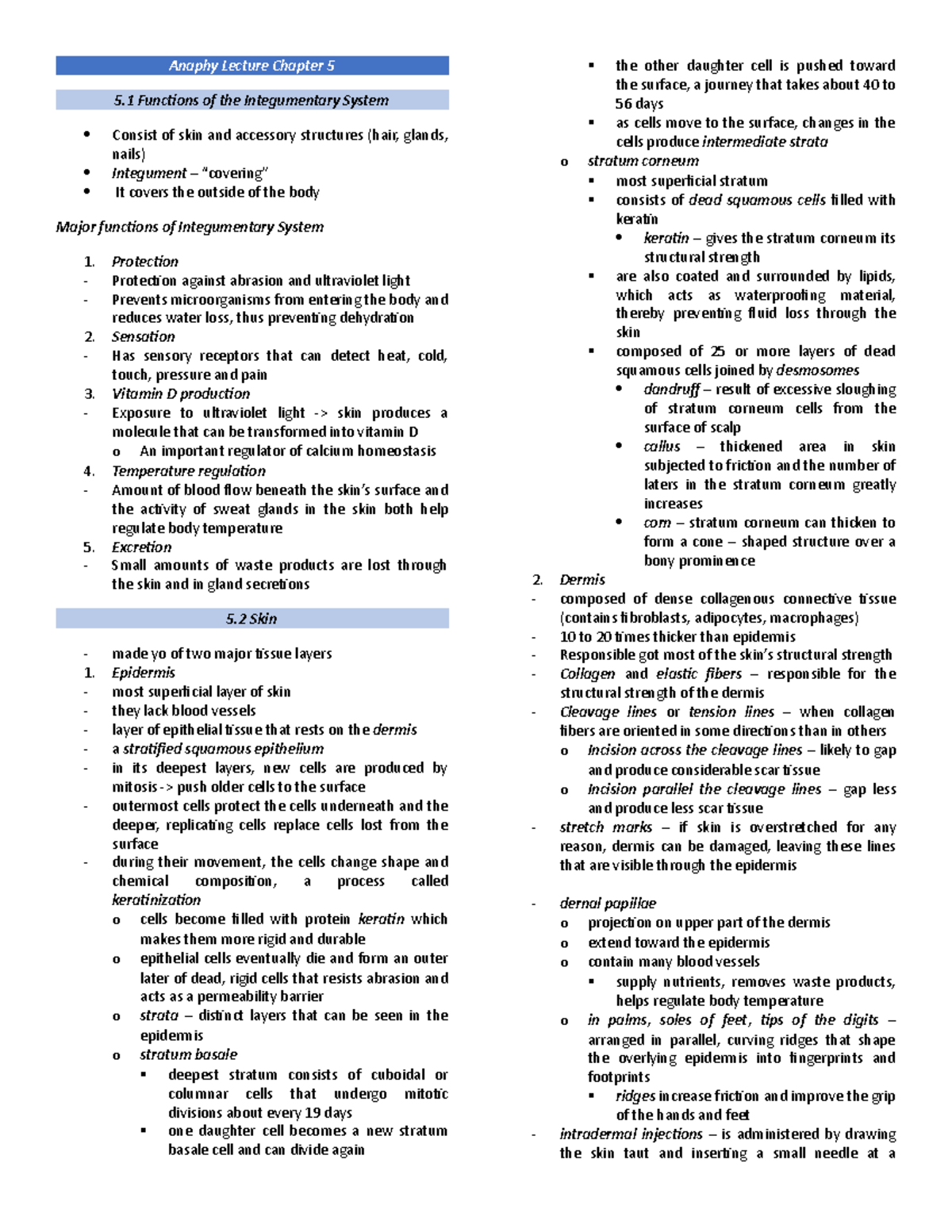 Anaphy Lecture Chapter 5 - Dermis composed of dense collagenous ...
