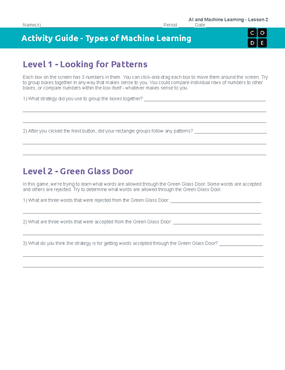 U7L02 - Activity Guide - Types of Machine Learning - AI and Machine Learning - Lesson 2 - Studocu