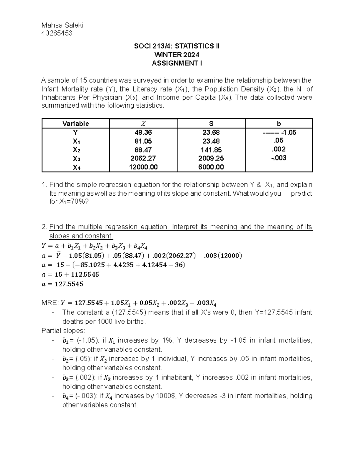 Assignment 1 - Mahsa Saleki 40285453 SOCI 213/4: STATISTICS II WINTER 2024 ASSIGNMENT I A sample ...