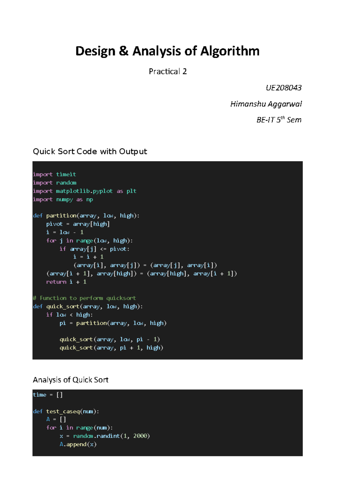 Himansh Prac1 DAA - design analysis and algorithm practical 1 of quick sort analysis - Design ...