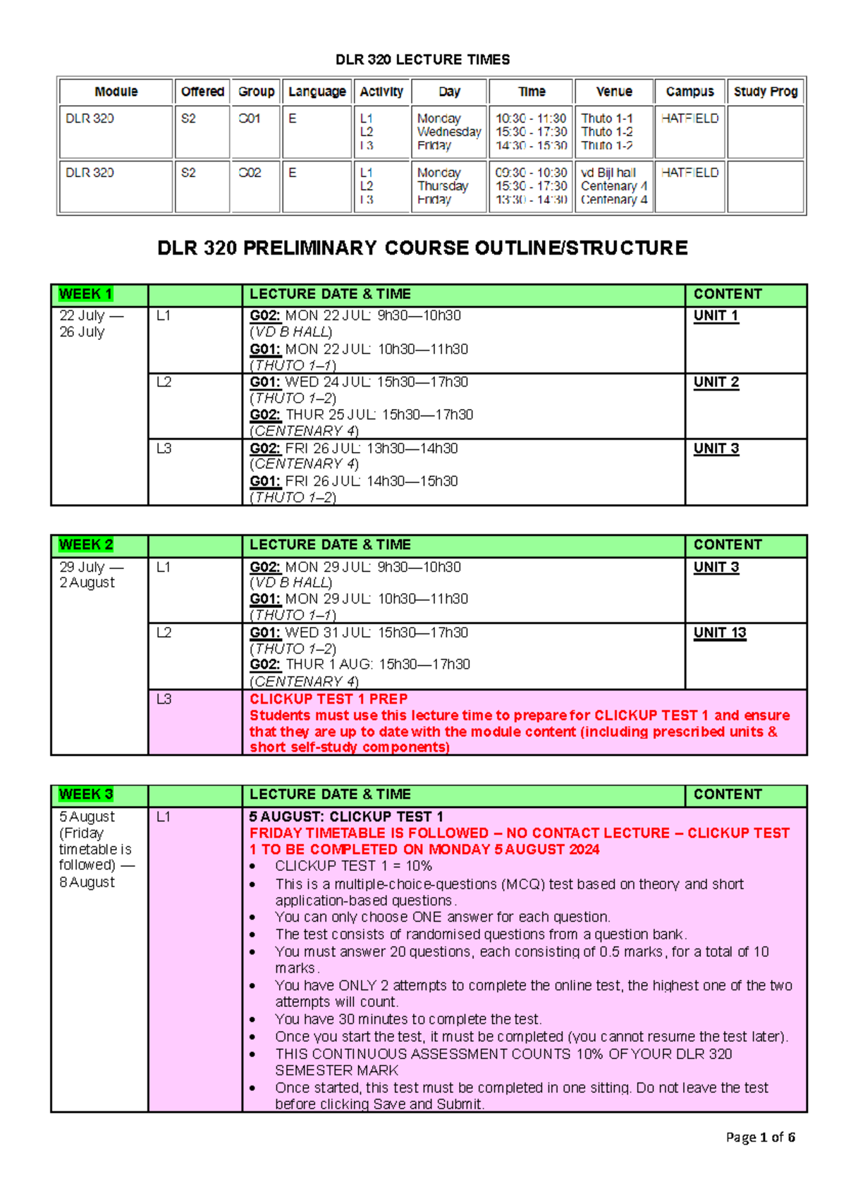 Clickup DLR 320 Timeline - DLR 320 LECTURE TIMES DLR 320 PRELIMINARY ...