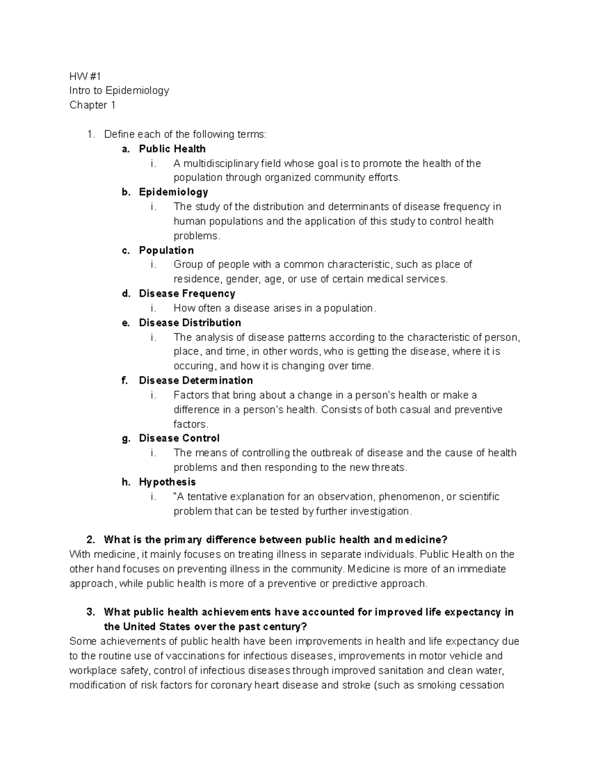 Chapter 1 Epidemiology Hw - HW Intro to Epidemiology Chapter 1 Define ...