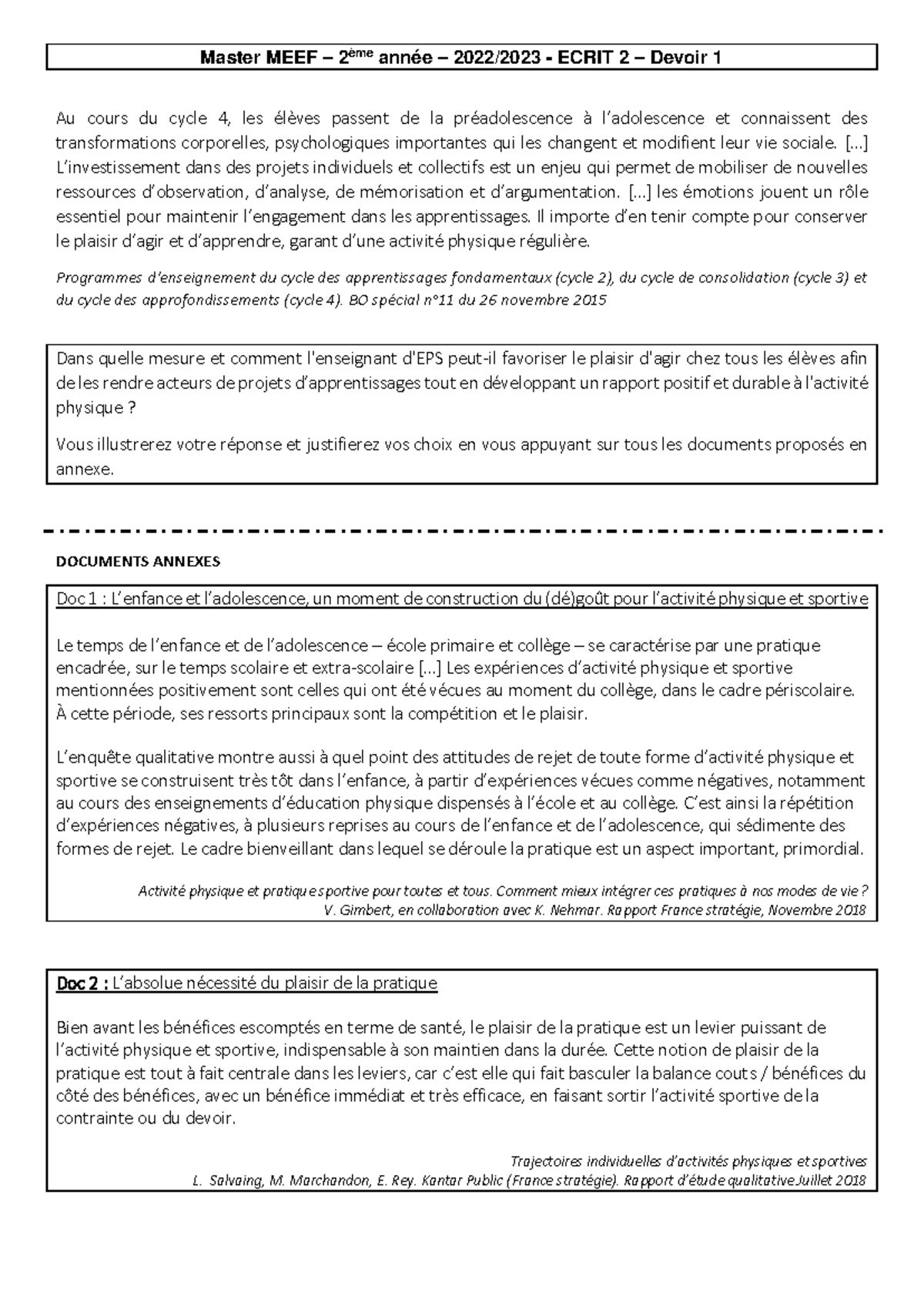 E2 Devoir 1 - Master MEEF – 2 ème année – 2022/2023 - ECRIT 2 – Devoir 1 Au cours du cycle 4 ...