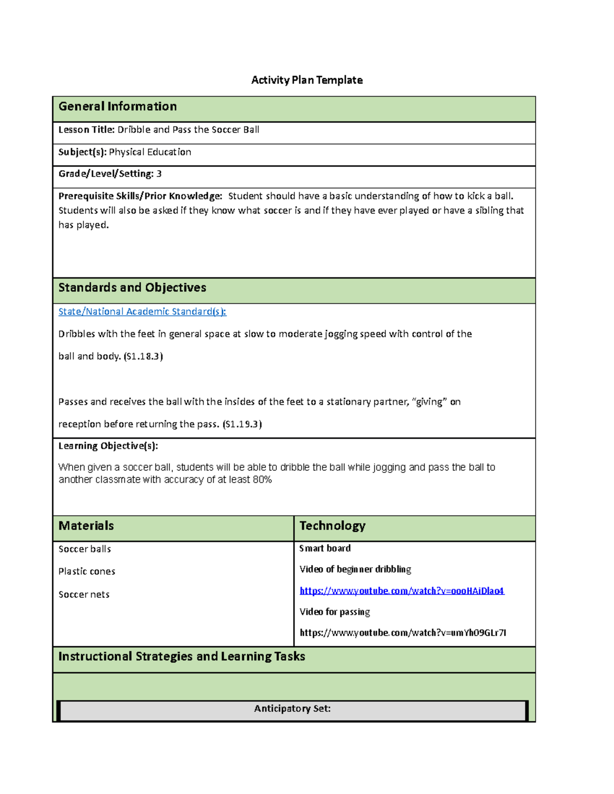 Health part 2 - Lesson plan - Activity Plan Template General ...