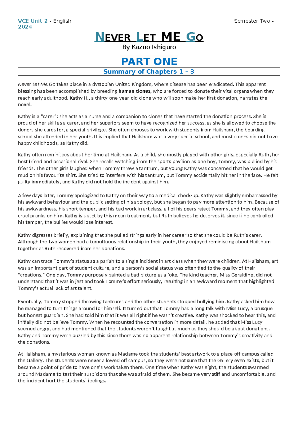 Never Let Me Go - Chapter Summaries and Theme Analysis - VCE Unit 2 ...