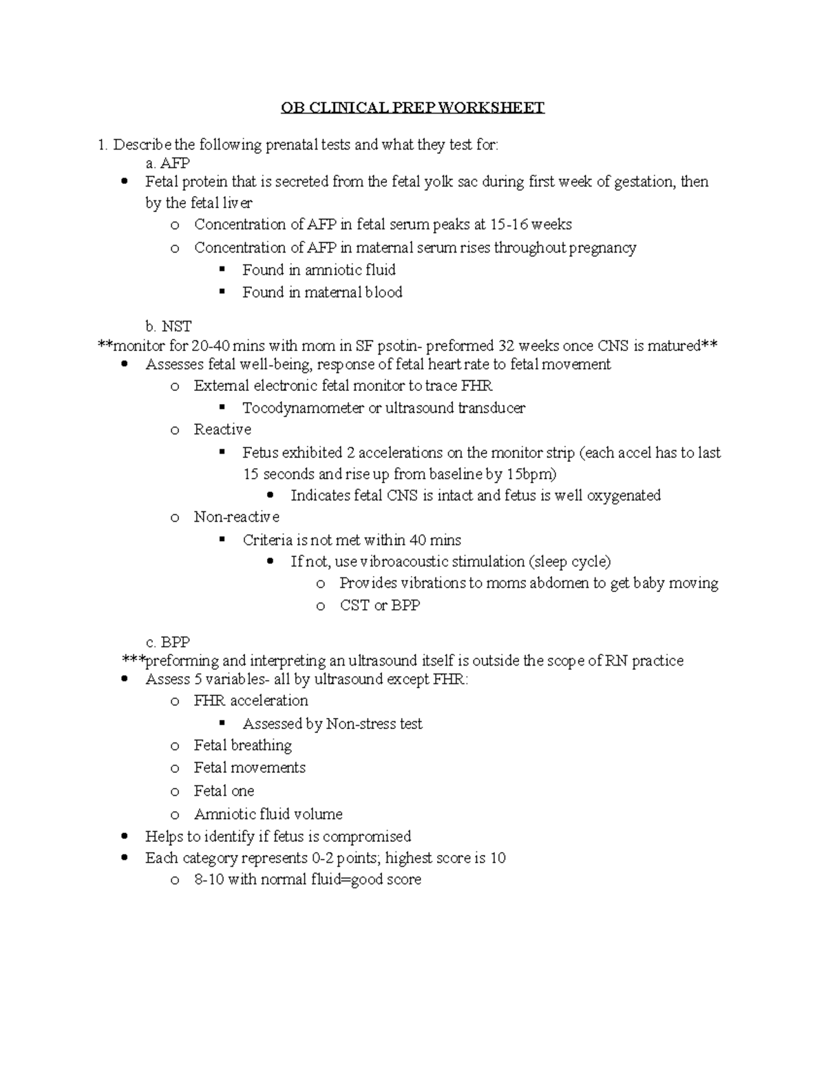 OB Clinical Prep Worksheet - OB CLINICAL PREP WORKSHEET 1. Describe the ...