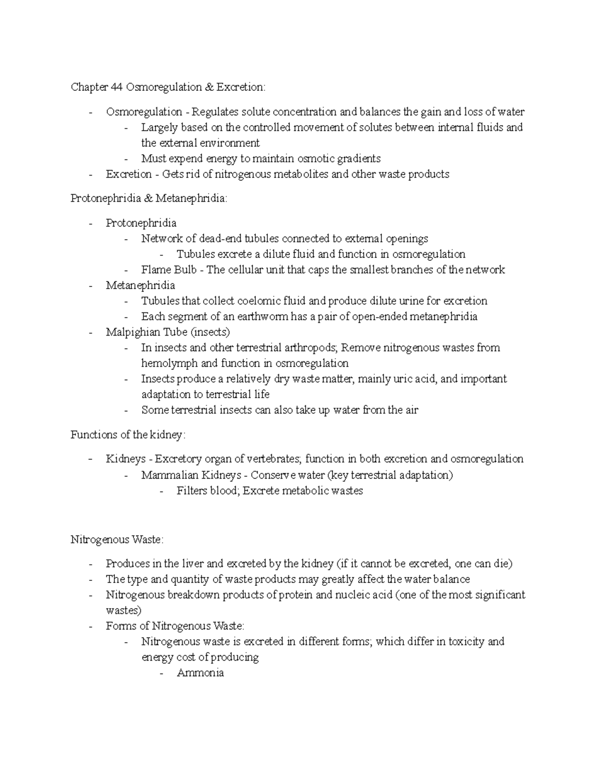 Biology II Lecture Chapter 44 (Osmoregulation & Excretion) - Chapter 44 ...