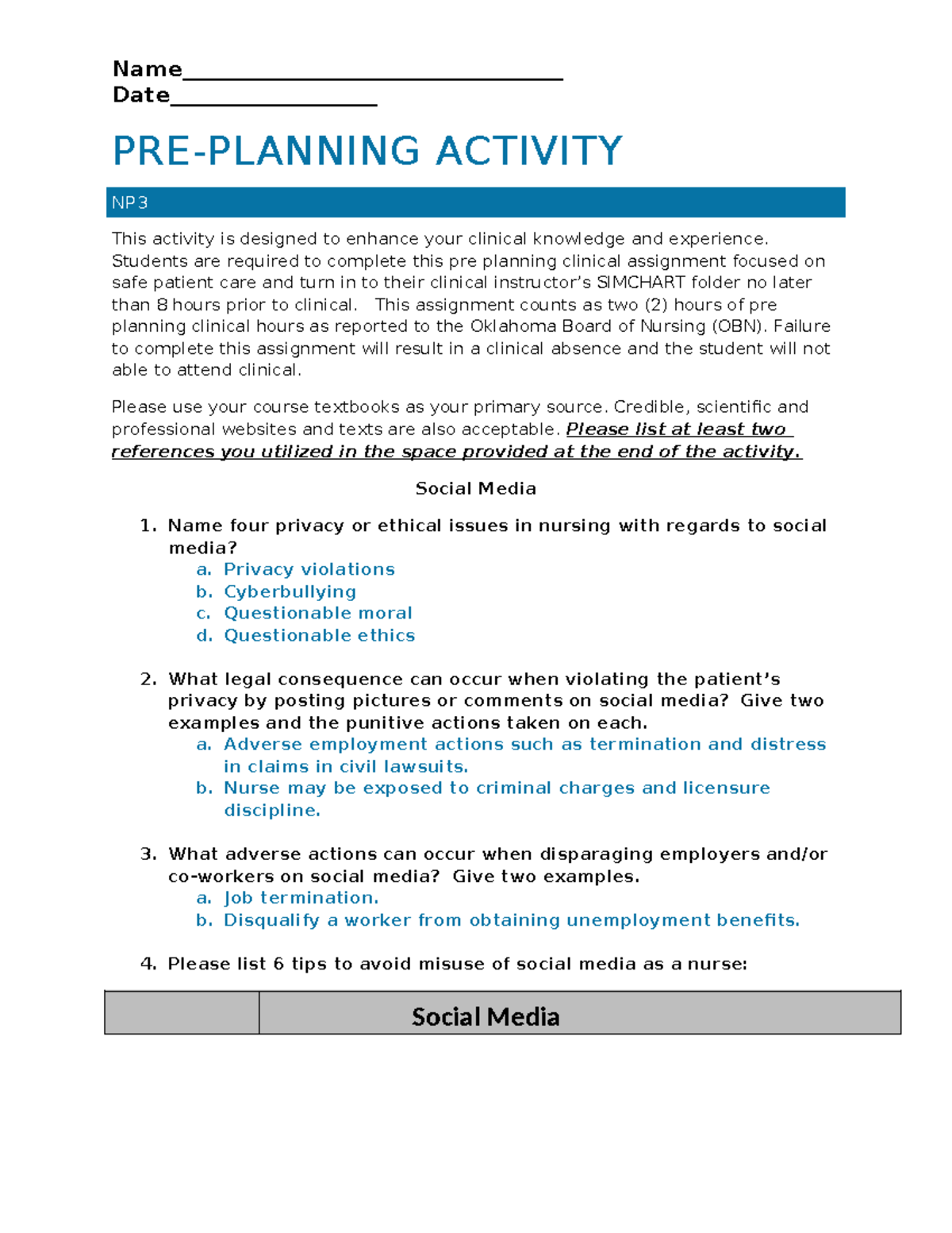 Pre Plan 6 NP3 Social Media - Name ...
