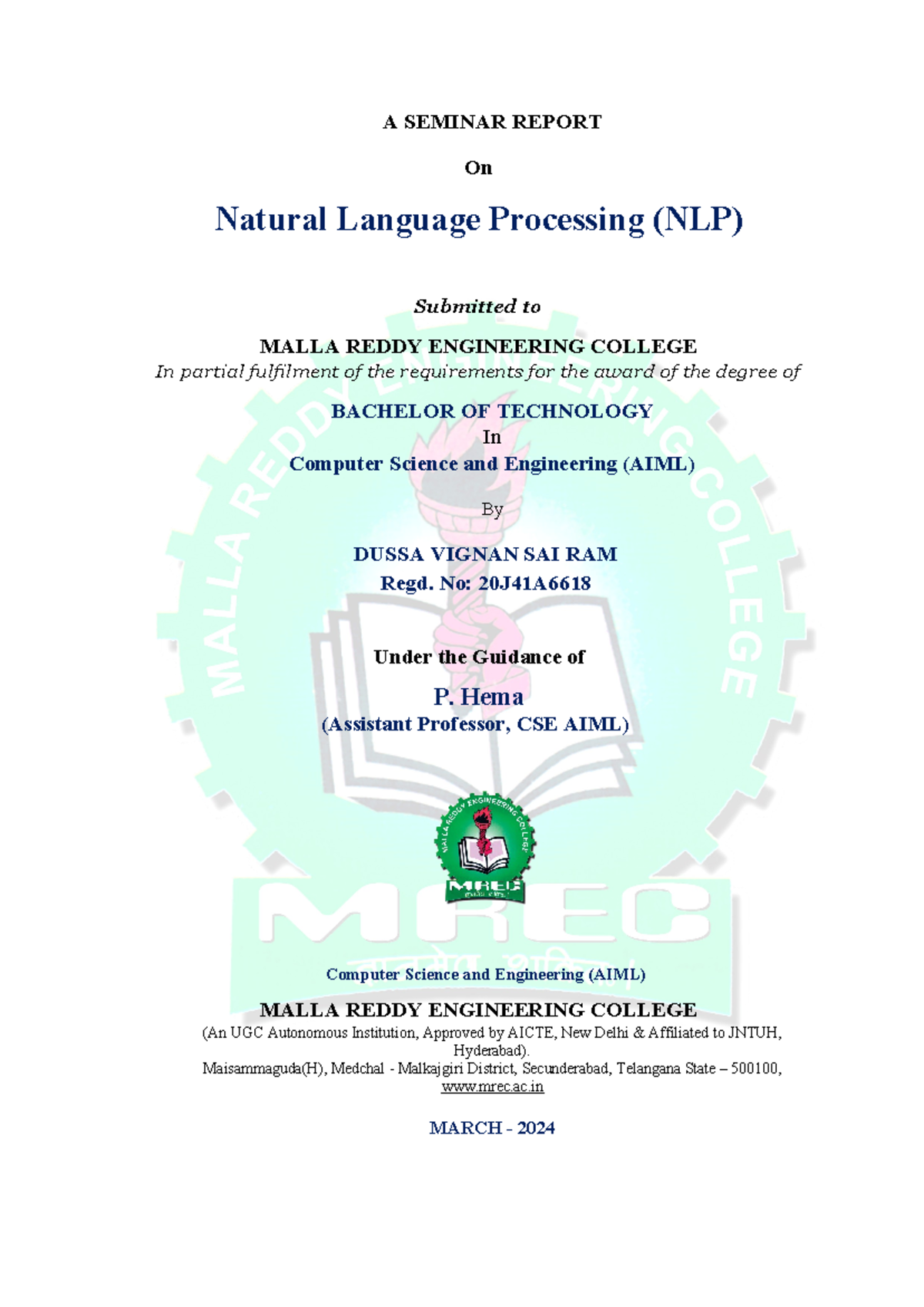 Seminar Report-6618 - A SEMINAR REPORT On Natural Language Processing ...